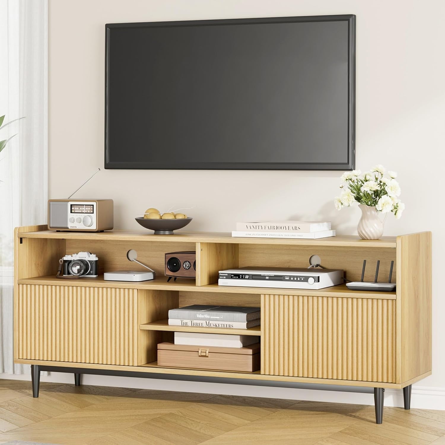 Hetoy Fluted TV Stand for 65 inch,Bohemian Entertainment Center with Sliding Doors,Wooden Media ...