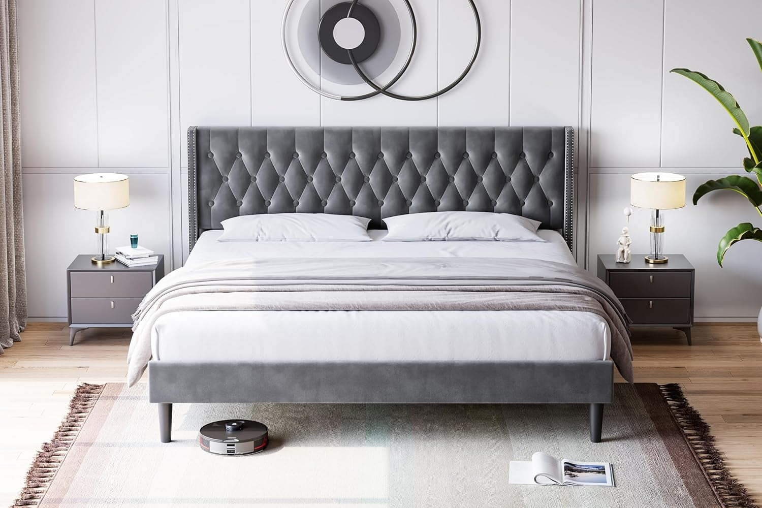 Hetoy King Size Bed Frame with Wingback Headboard, Velvet Upholstered ...
