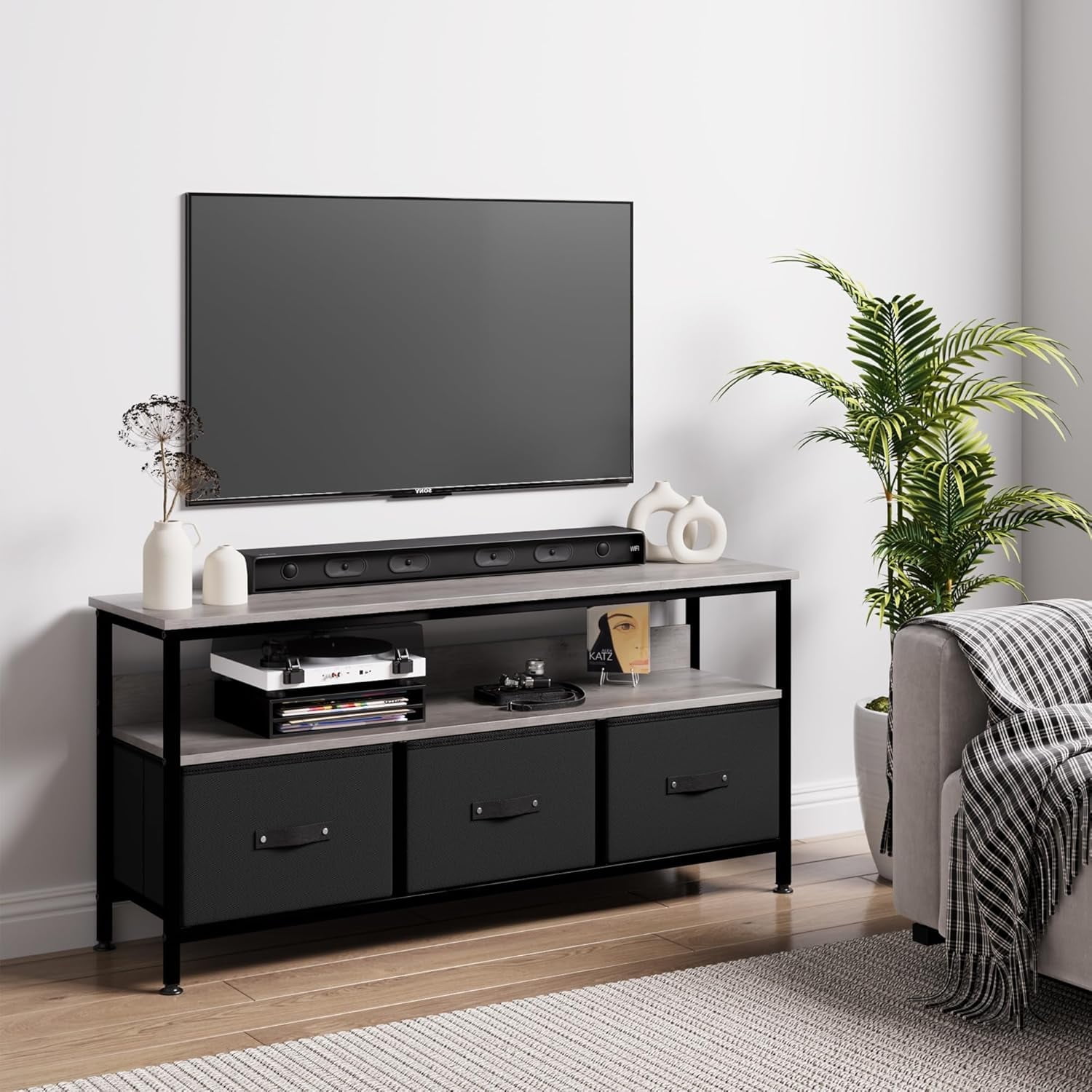 Hetoy Wooden TV Stand with 3 Drawers and Shelves – Stylish Low Profile ...