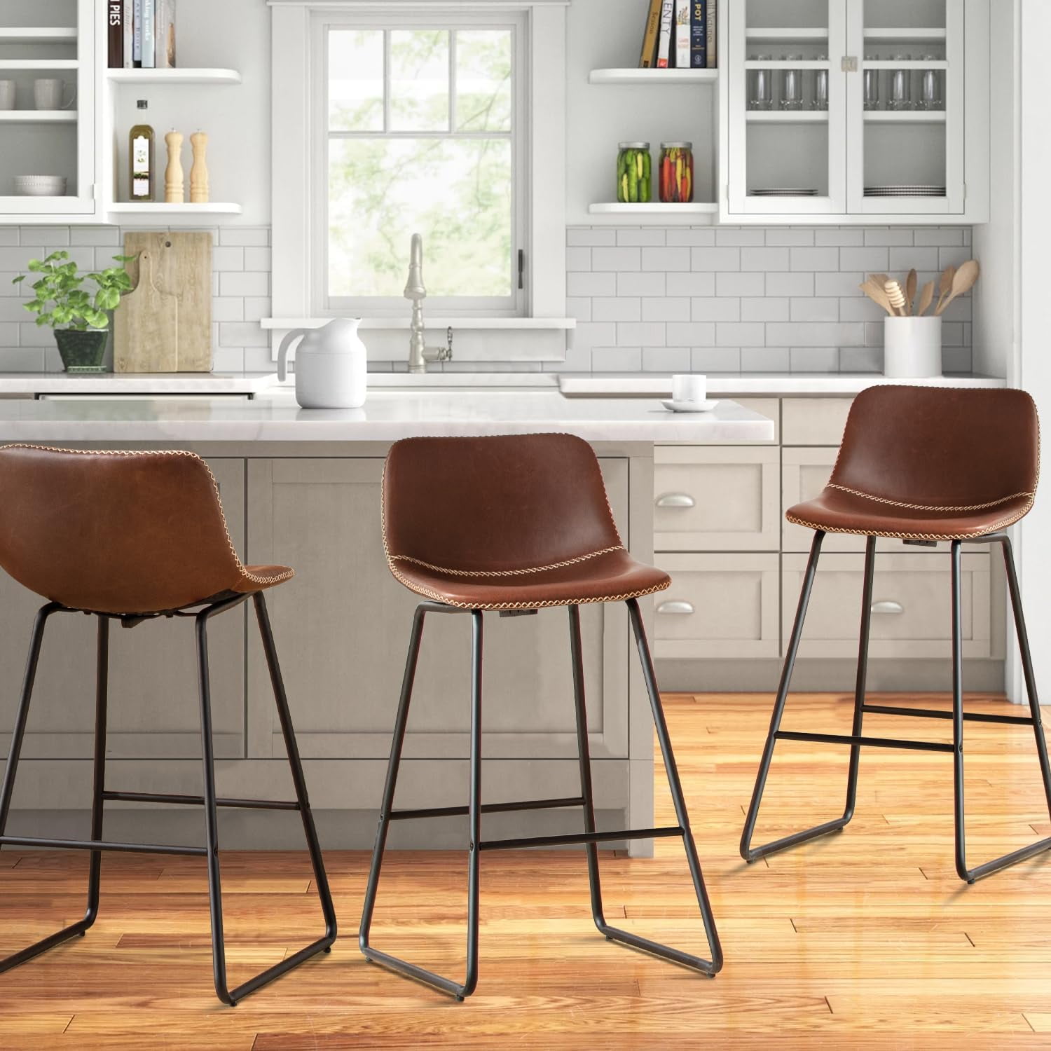 HeuGah Counter Height Bar Stools Set of 3, Brown Barstools with Back ...