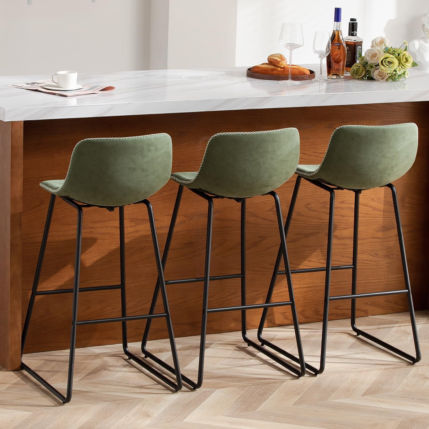 HeuGah Green Bar Stools Set of 3, 30 Inch Counter Height Bar Chair with Metal Legs Faux Leather ...