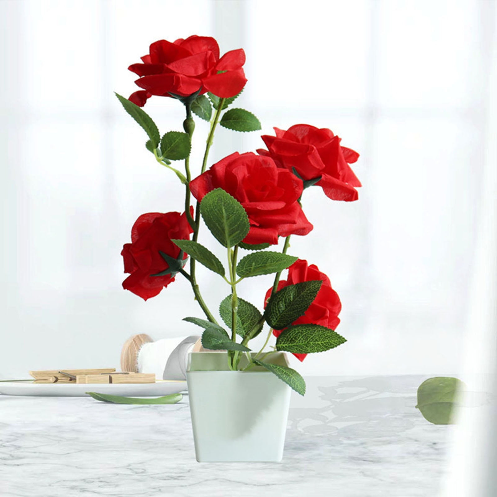 Hevirgo Artificial Plant Pot Rose Desktop Decor Faux Silk Flower Indoor ...