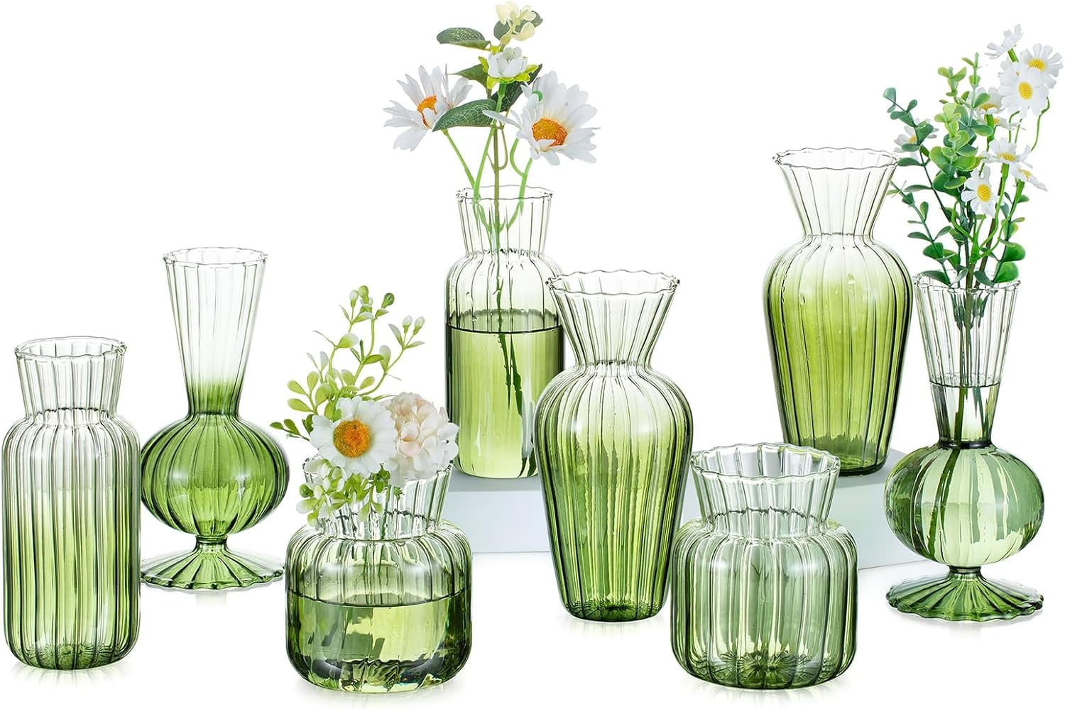 Hewory Small Ribbed Glass Bud Vases Set of 8 Green Flower Vase ...