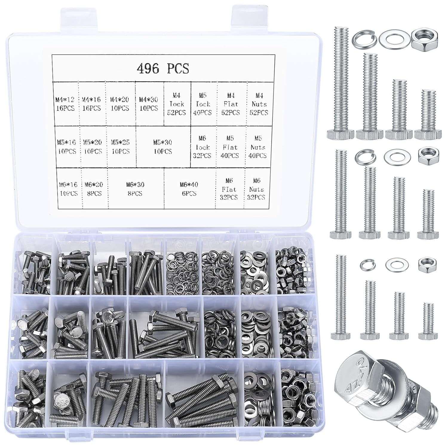 Hex Bolts and Nuts and Washers Assortment Kit, 496 Pcs Metric Hex Head ...