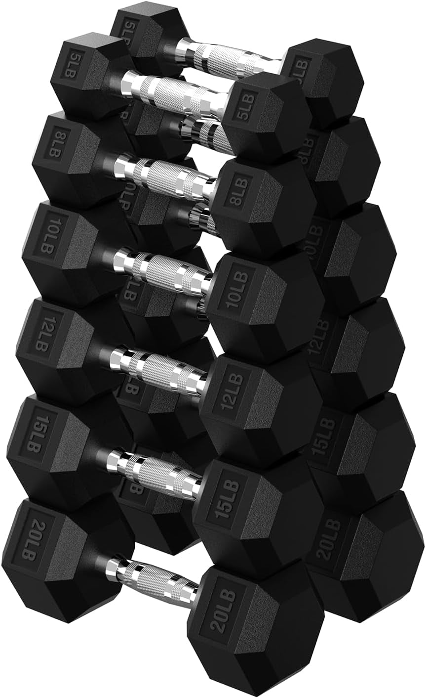 Hex Dumbbell 45-480 lb Set, Rubber Encased Exercise & Fitness Dumbbells ...