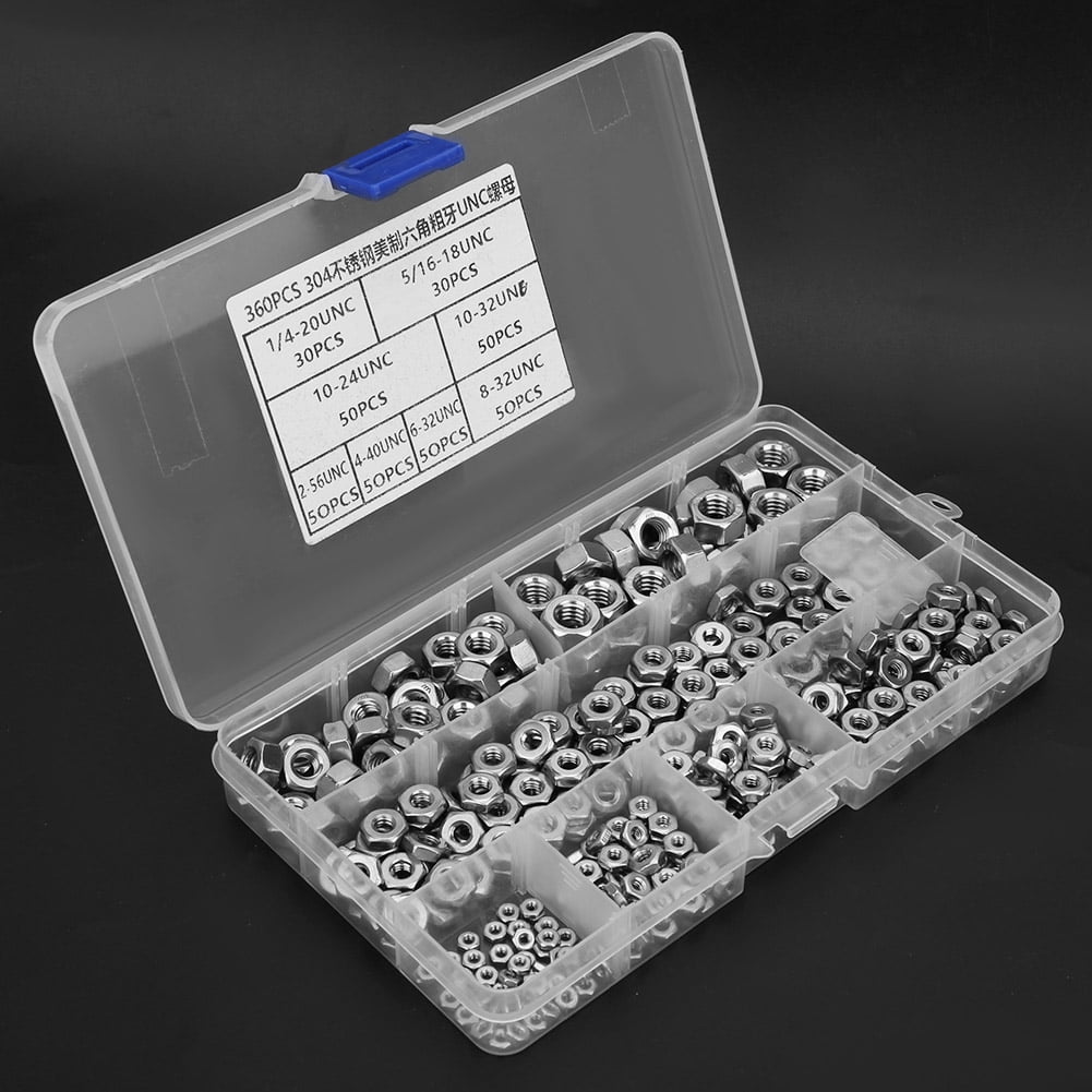 Hex Nuts,360pcs Stainless Steel Hex Nuts Coarse Thread American System UNC Nuts Fasteners ...
