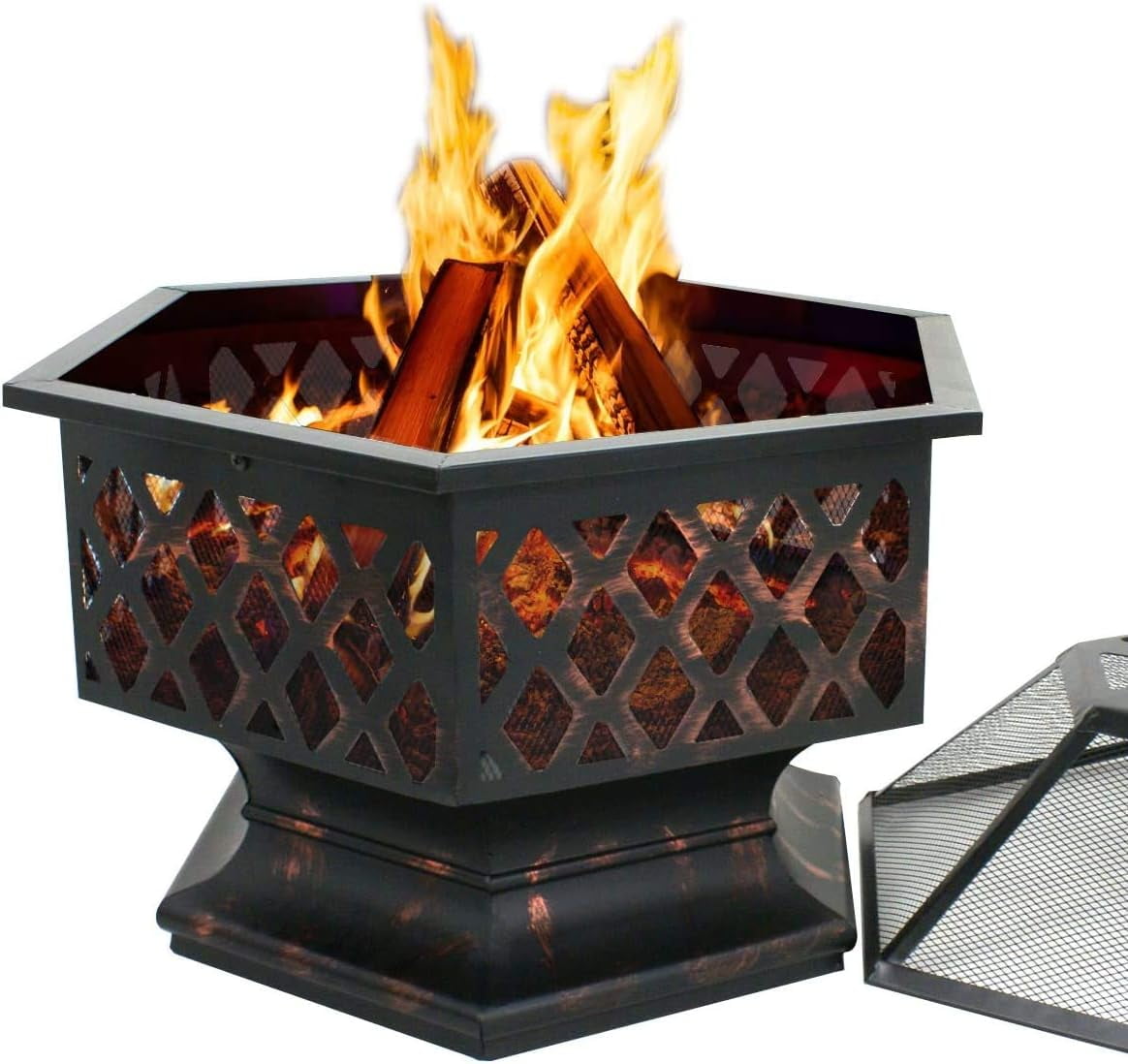 Hex Shaped Fire Pit 24" Outdoor Metal Fireplace with Mesh Screen,Depth ...