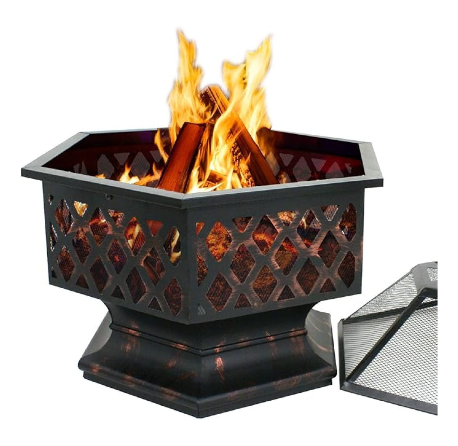 Hex Shaped Wood Burning Fireplace Firepit Bowl with Screen Cover Patio ...