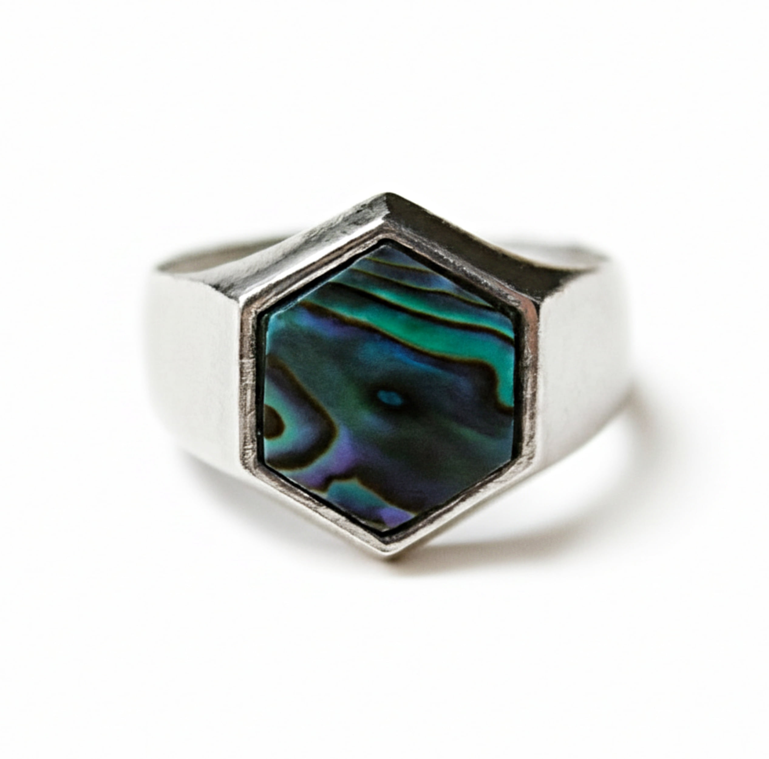Hexagon Abalone Shell Ring, 925 Solid Sterling Silver, Mens Signet Ring ...