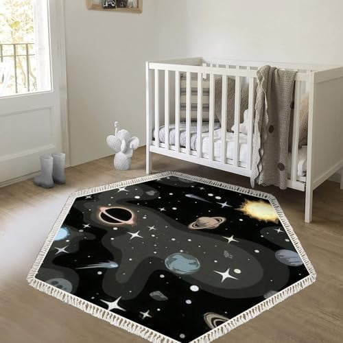 Hexagon Boho Rug Space Planets Stars Asteroids Black Outer Space Trendy ...