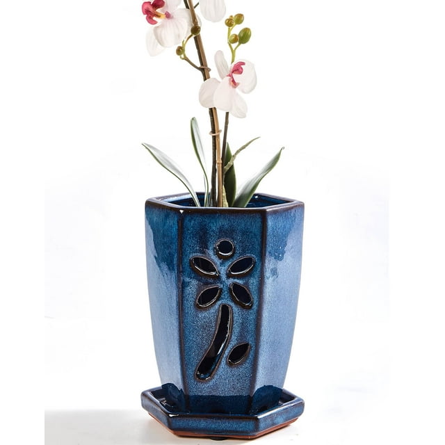 Hexagon Ceramic Orchid Pots with Holes and Saucers - 1 Pcs 4 x 6 Inch ...