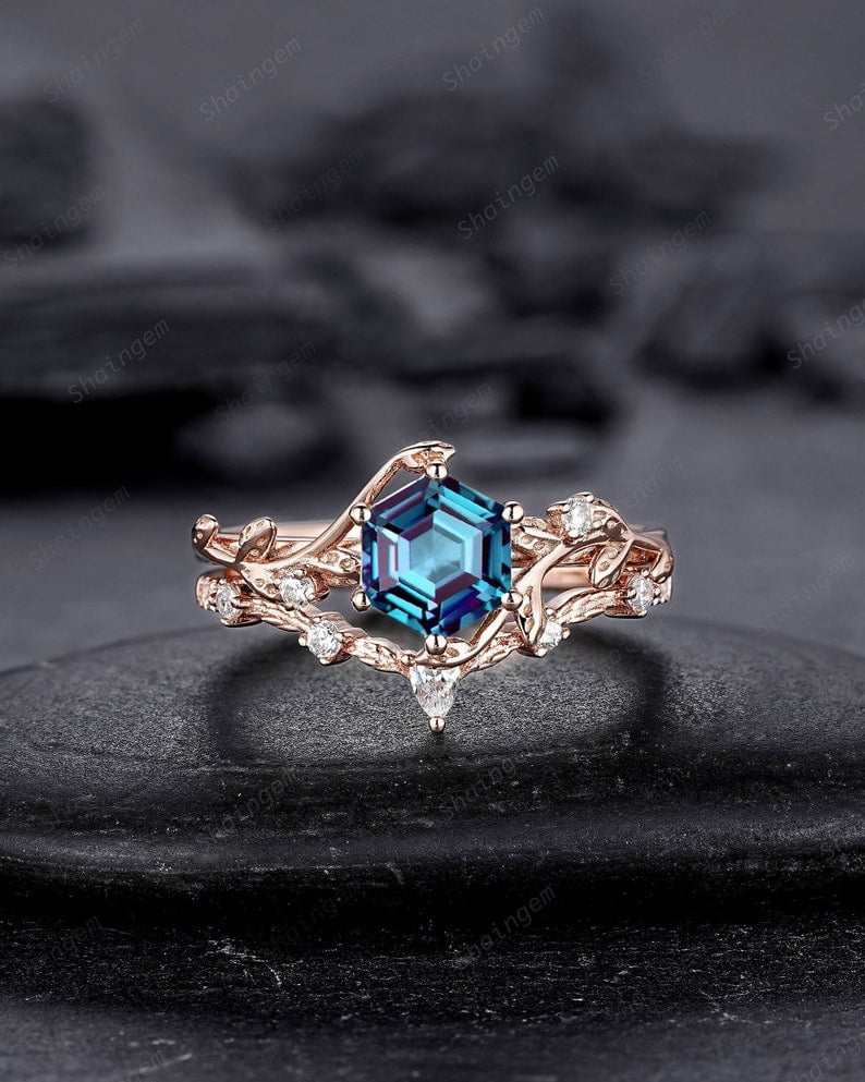 Hexagon Cut Alexandrite Leaf Engagement Ring Set, Twig Branch Wedding ...