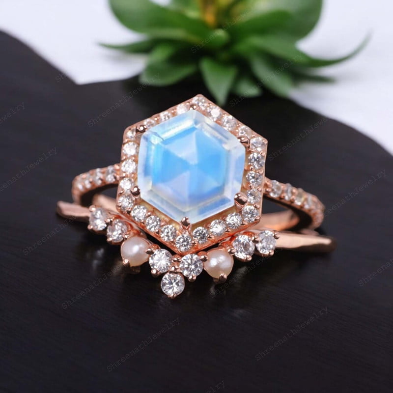 Hexagon Cut Moonstone Bridal Wedding Ring Set Pearl Engagement Ring Set ...