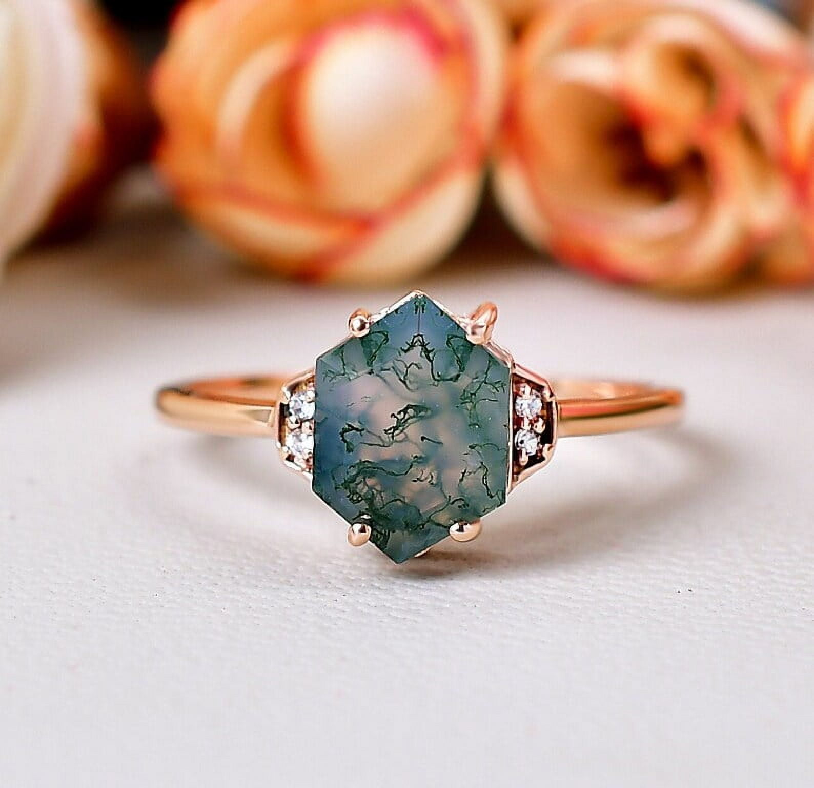 Hexagon Cut Natural Moss Agate Engagement Ring Vintage Aquatic Agate ...