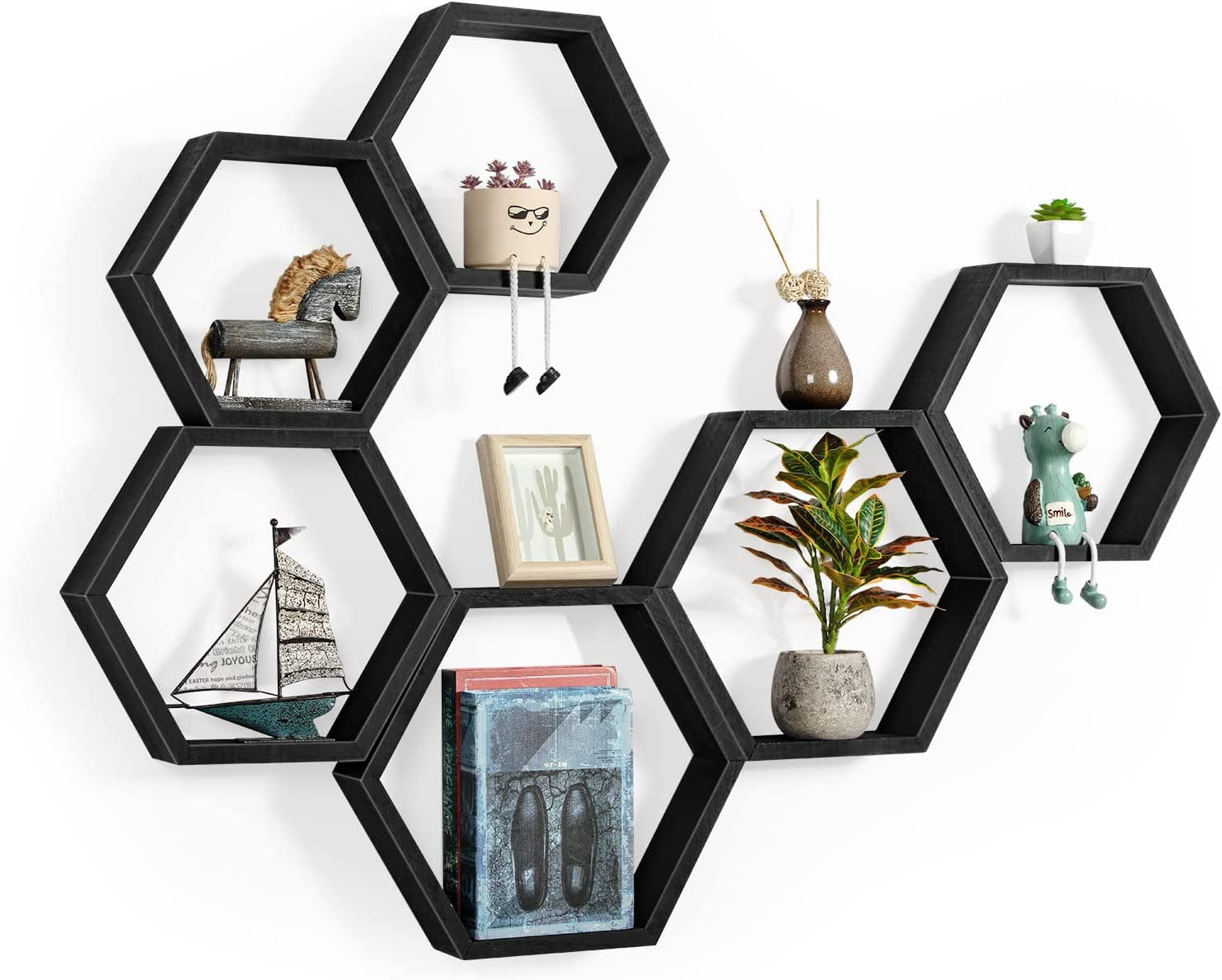 Hexagon Floating Shelves Wall Mounted Farmhouse Wood Storage Honeycomb ...