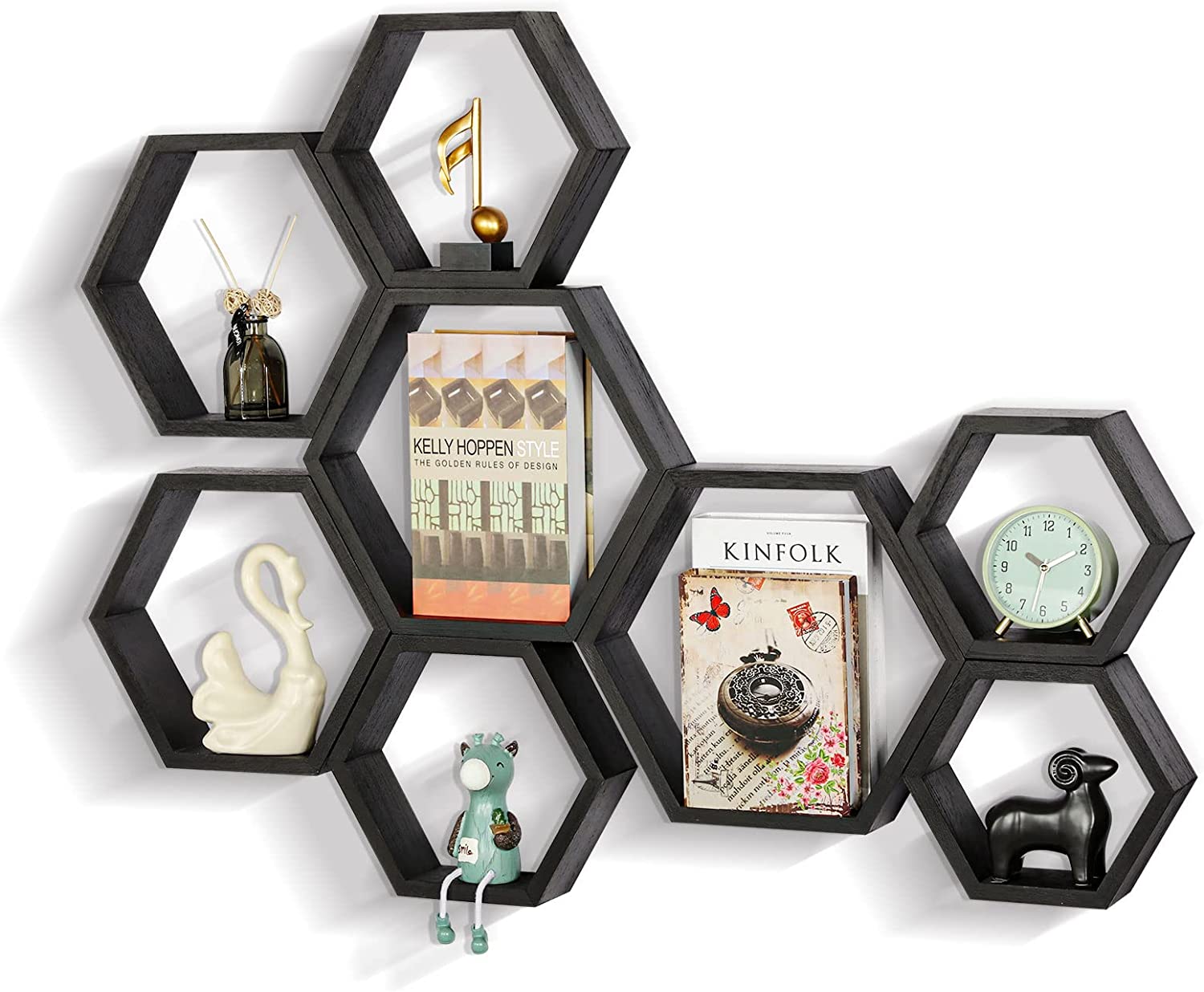 Hexagon Floating Shelves Black Wooden Honeycomb Wall Shelf Set of 8 ...
