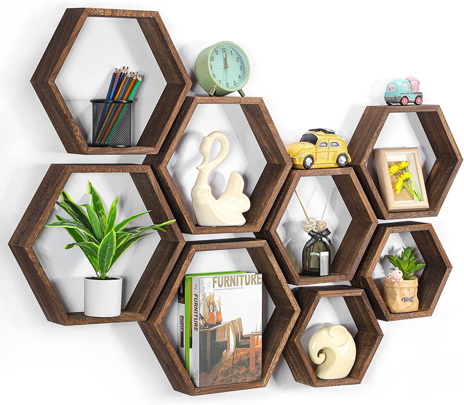 Hexagon Floating Shelves Set of 8 Wood Hexagonal Shelves Brown Wall ...