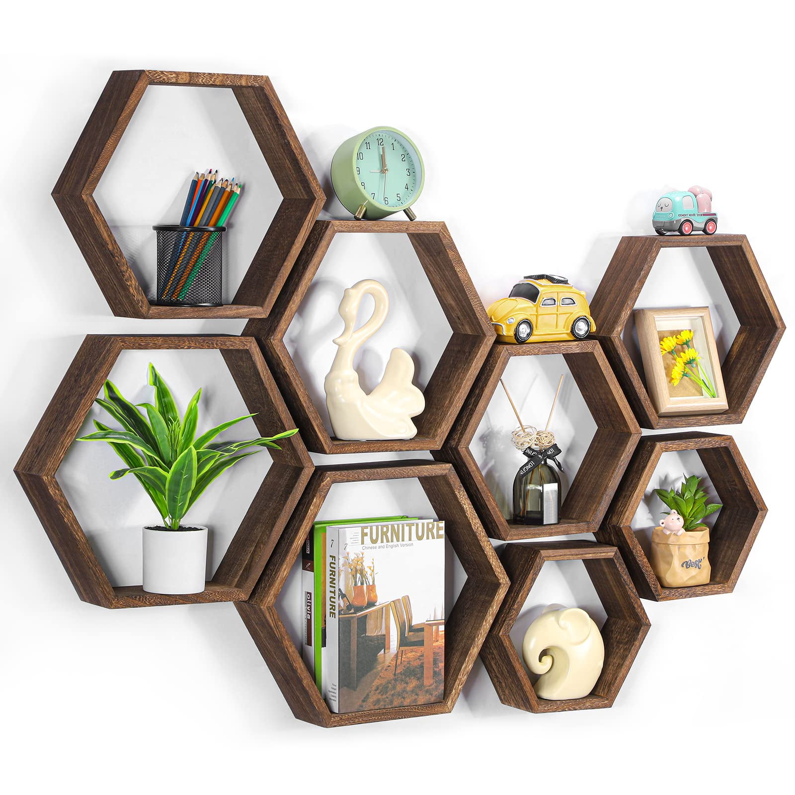 Hexagon Floating Shelves Set of 8 Wood Hexagonal Shelves Brown Wall ...