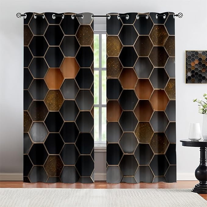 Hexagon Geometry Art Blackout Window Curtain, Retro Honeycomb Hexagon ...