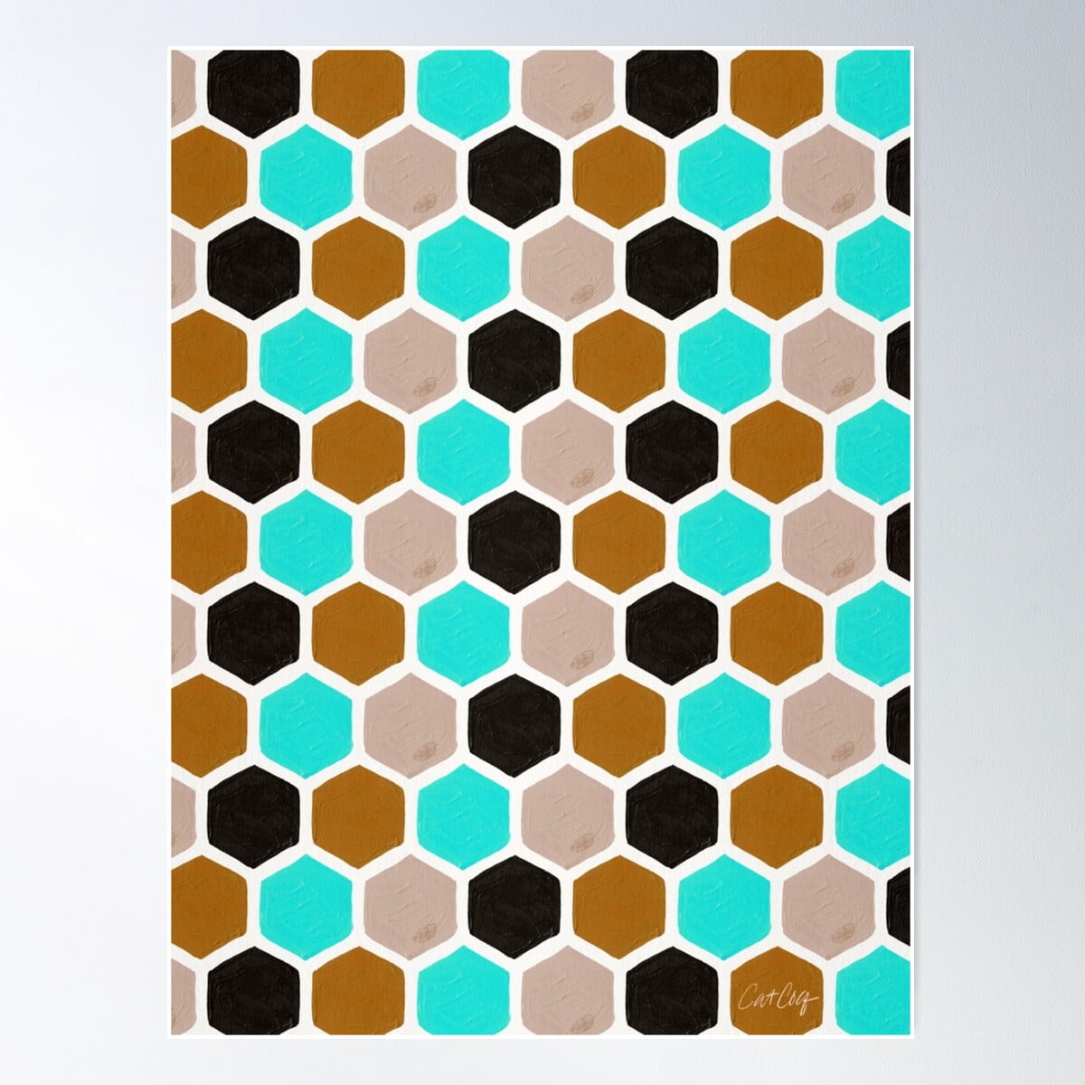Hexagon Honeycomb Pattern - Brown Turquoise Palette Poster Wall Art, Modern Wall Decor For ...