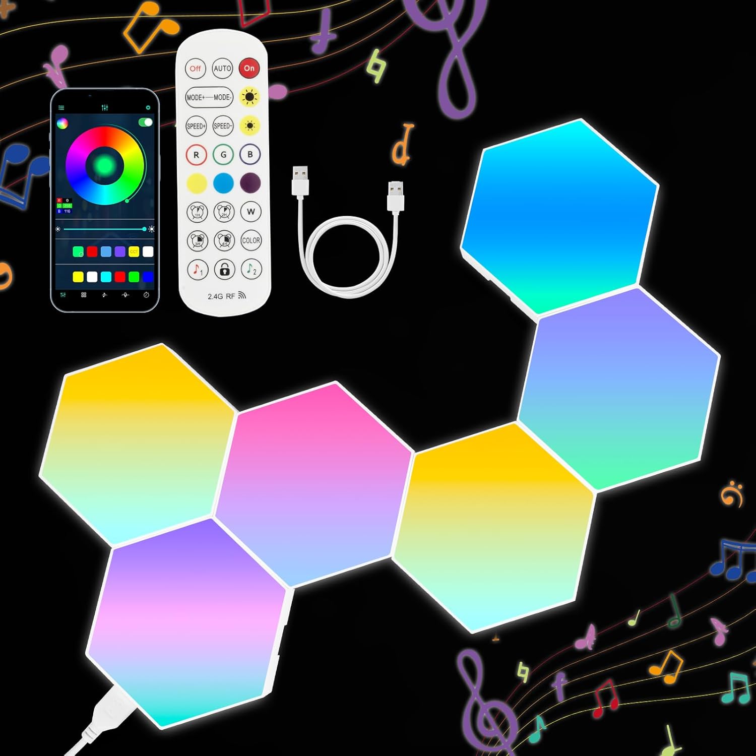 Hinzonek 8pcs Hexagon Lights with Remote, Smart DIY Hexagon Wall Lights ...