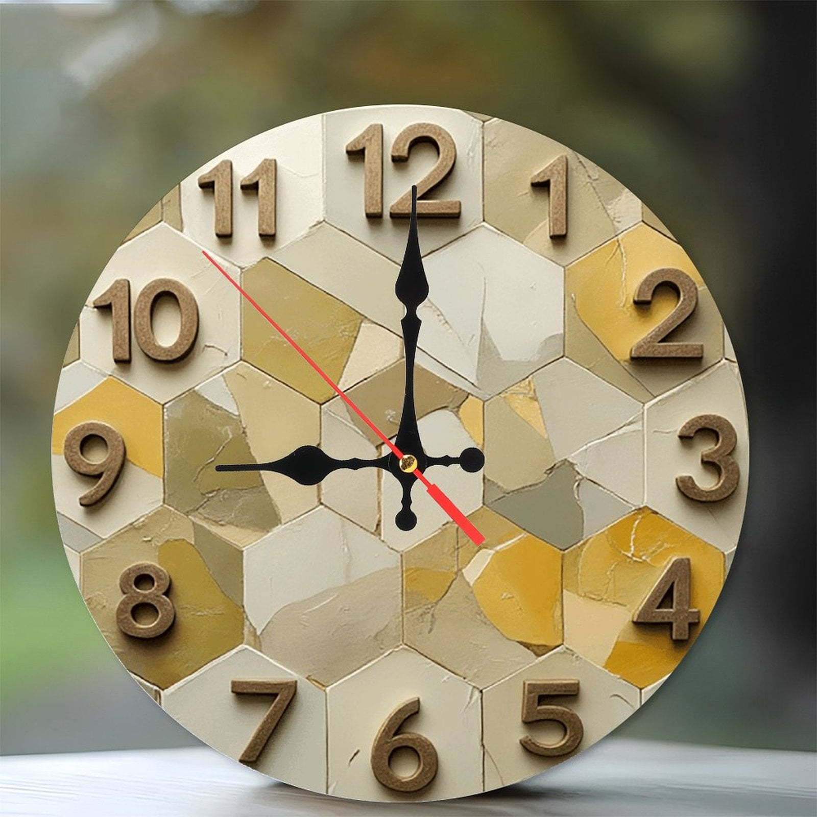 Hexagon Mosaic Wall Clock Beige Gold 10-Inch Silent Wooden Wall Clock ...