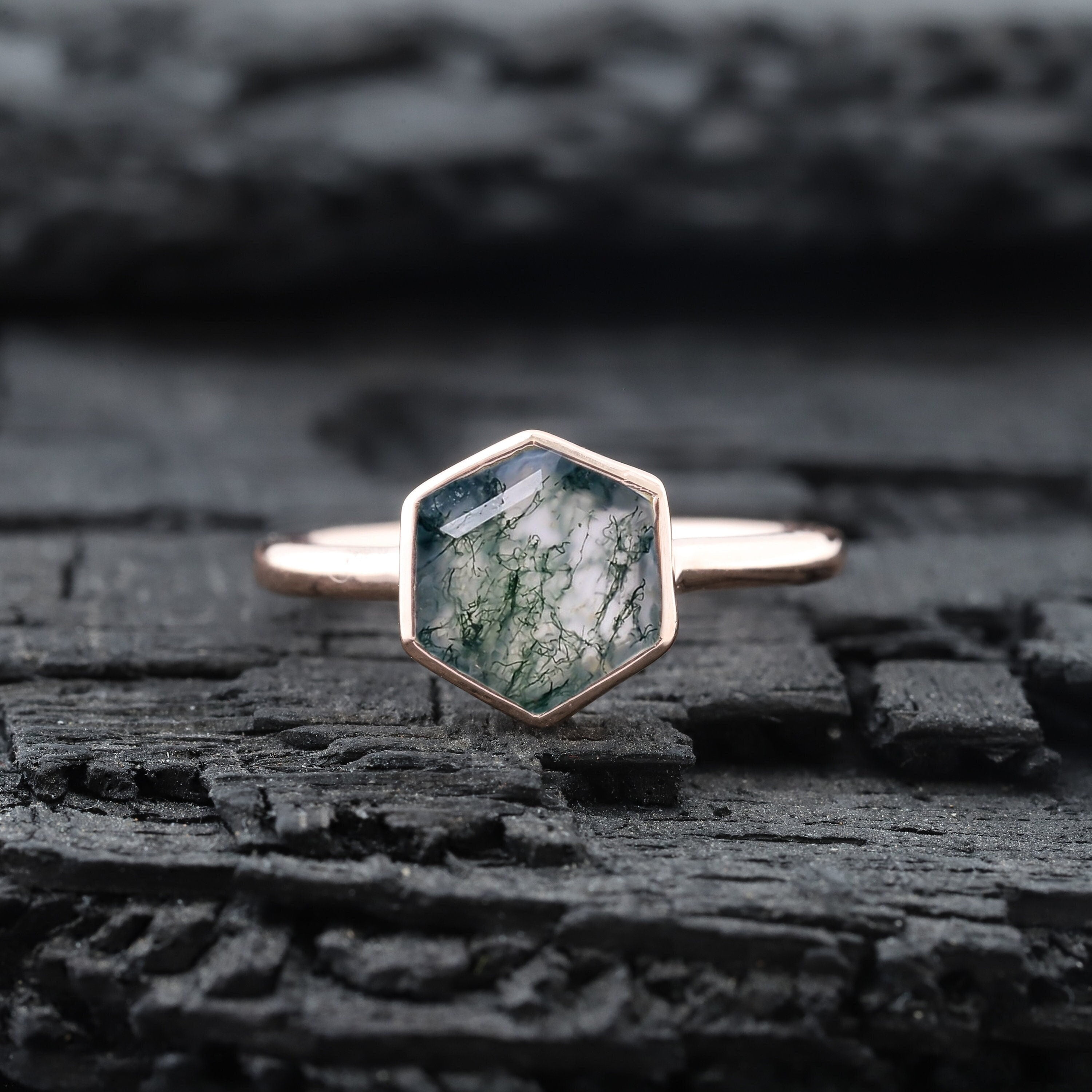 Hexagon Moss Agate Ring, Solitaire Bezel Set Vintage Natural Green Moss ...