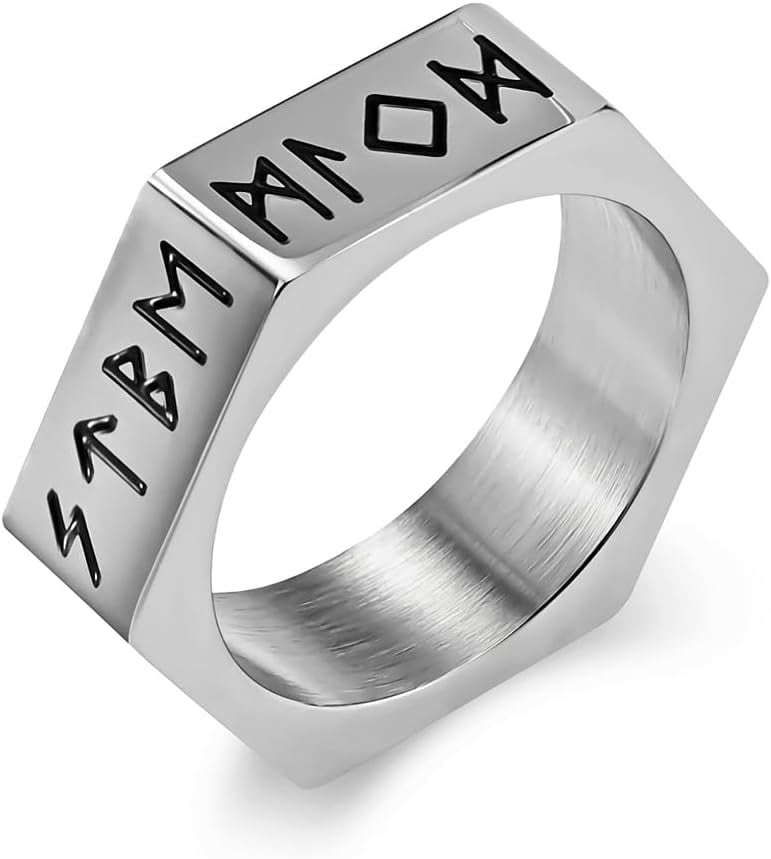 Hexagon Nut Ring Nordic Viking Runes Ring Stainless Steel Rings for Men ...