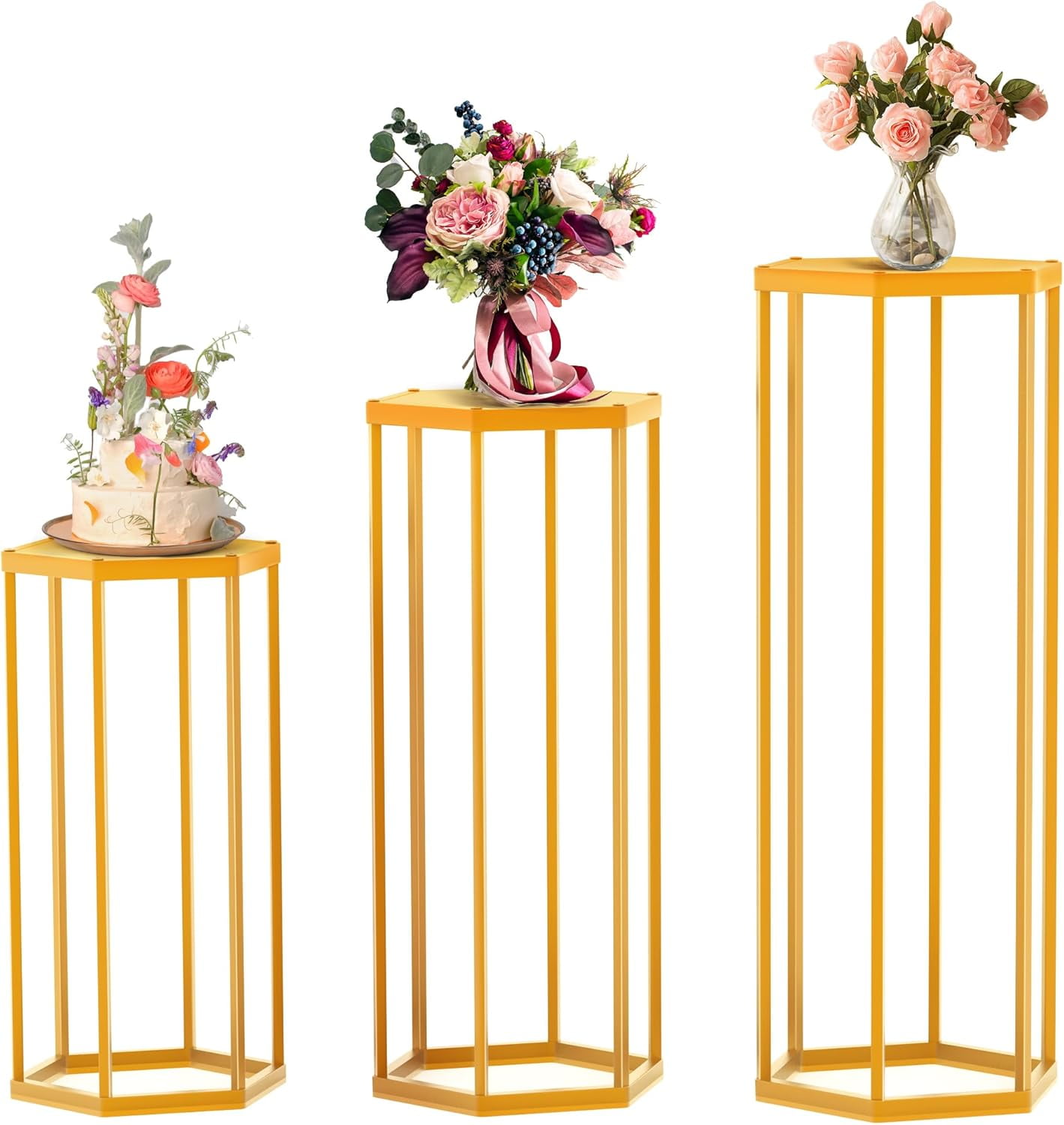 Hexagon Pedestal Stand Cylinder Stands for Party, 3Pcs Gold Metal ...