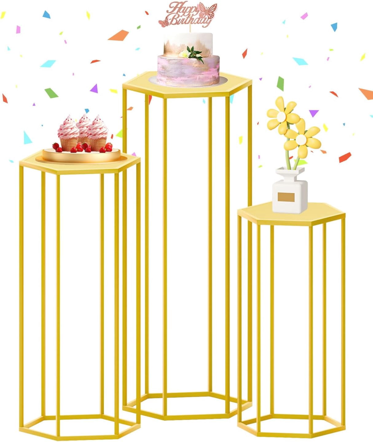 Hexagon Pedestal Stand Set of 3 Gold Cylinder Stands for Party Metal ...
