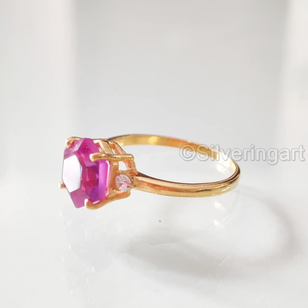 Hexagon Pink Alexandrite Ring, 925 Sterling Silver, Women Ring, Natural ...