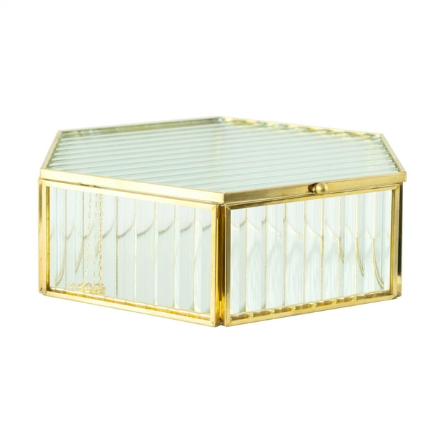 Home Decor Collection Hexagon Ribbed Clear Glass and Brass Hinged Top ...
