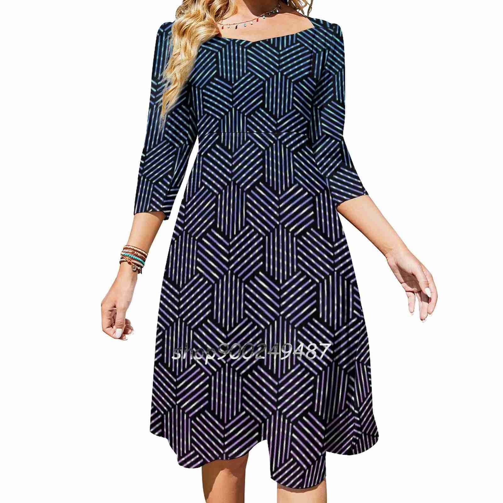 Hexagon Rotation Pattern Square Neck Dress New Plus Size Elegant Women ...