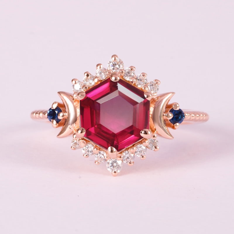 Hexagon Ruby Engagement Ring, 18k Gold Plated Vintage Ring, Diamond ...