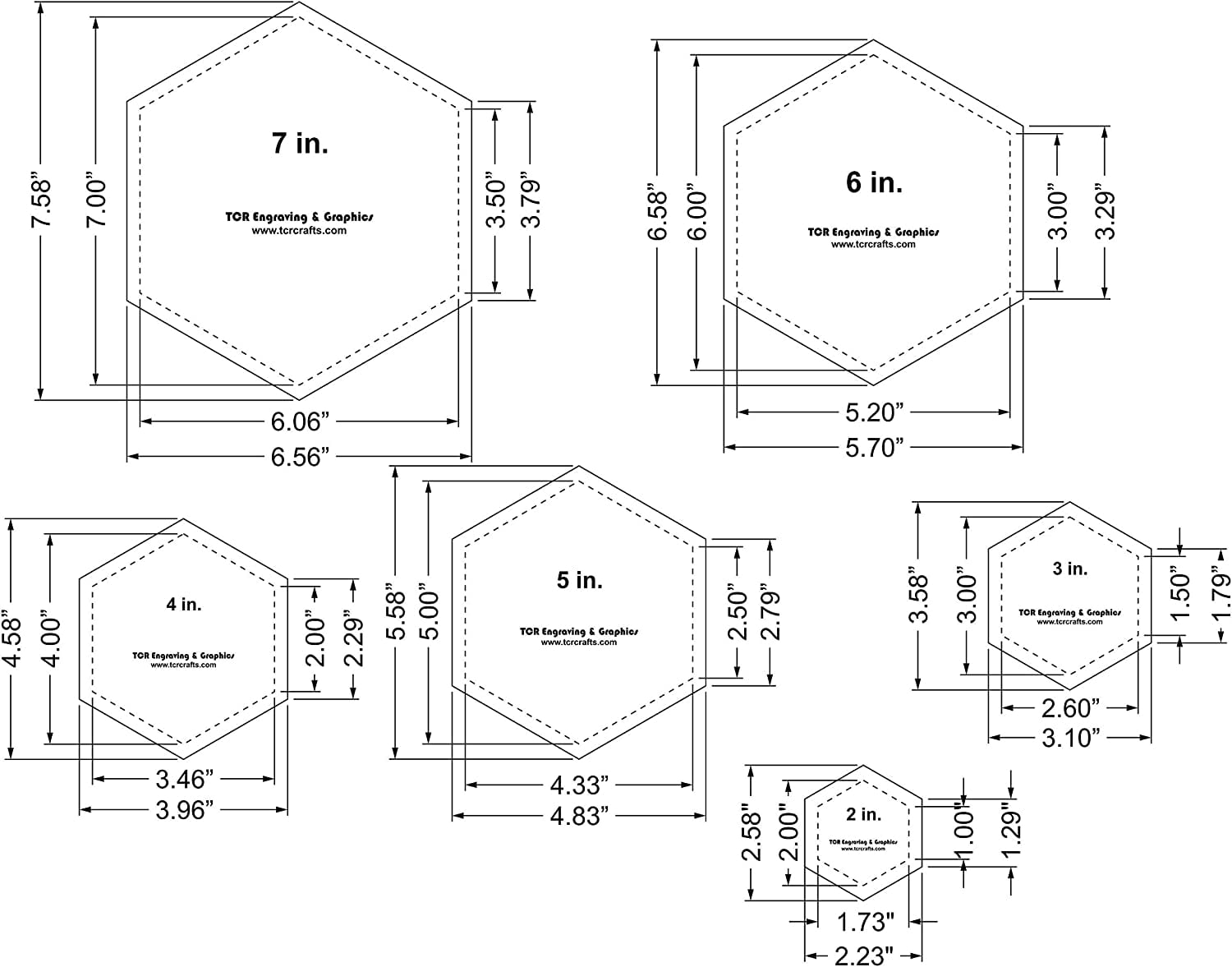 Hexagon Templates 6 Piece Set 2, 3, 4, 5, 6, 7 Inches - Clear 1/8 Inch ...