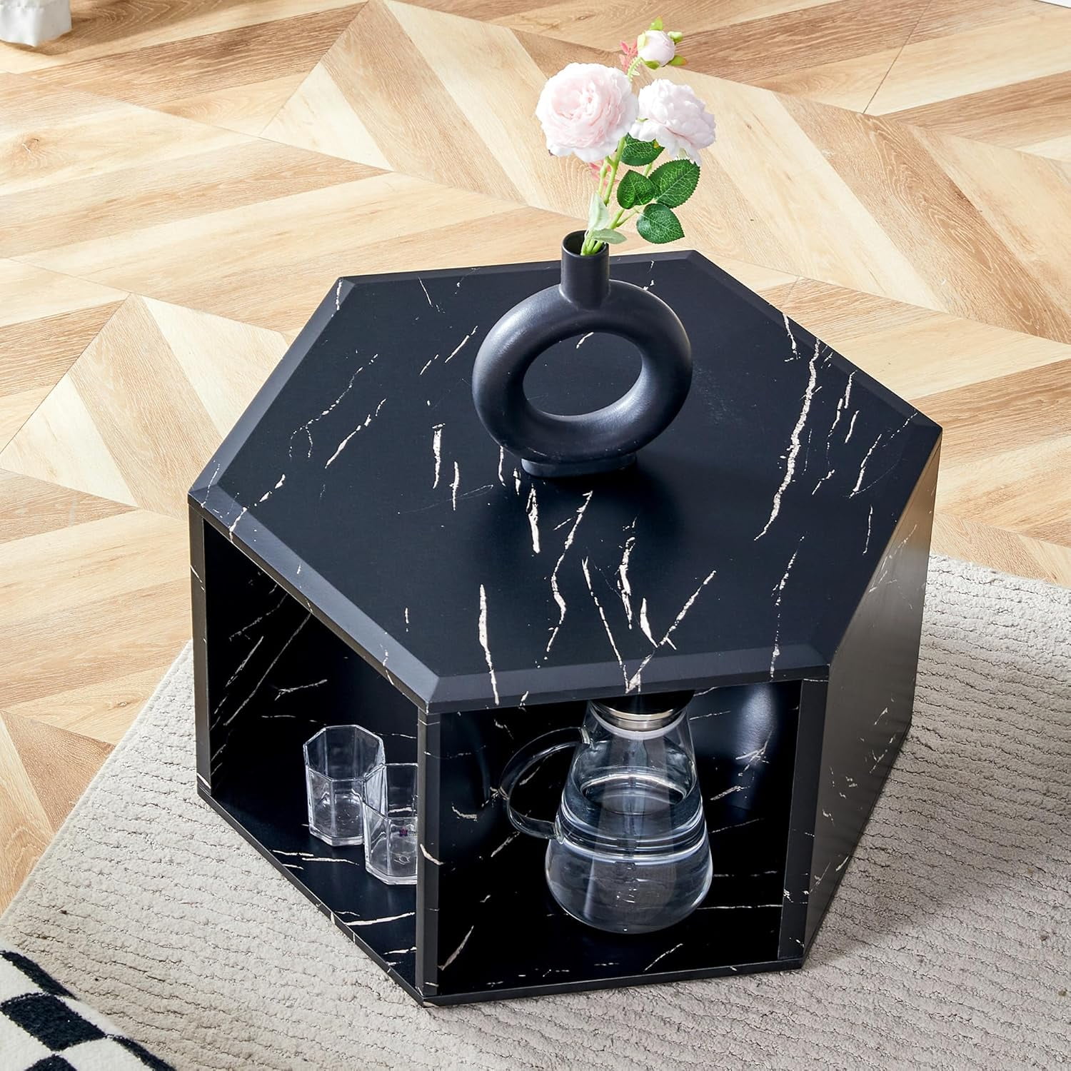 Hexagon Wood Coffee Table for Living Room Black Fuax Marble Center ...
