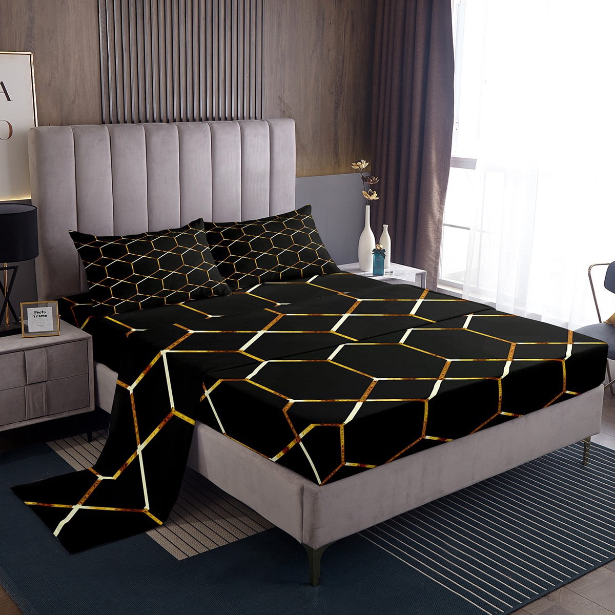 Hexagonal Bed Sheets Set, King Size Golden Honeycomb Sheets Geometry ...