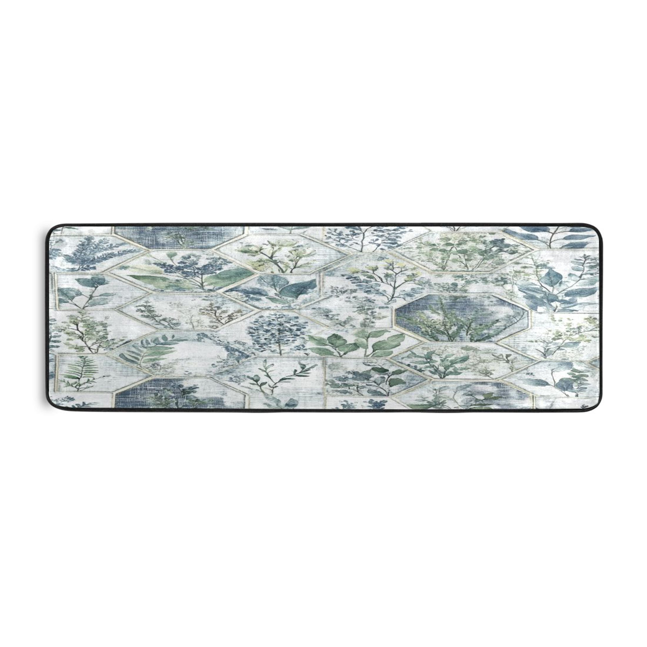 Hexagonal Botanical Tiles 72x24" Runner Rug, Non-Slip Memory Foam ...