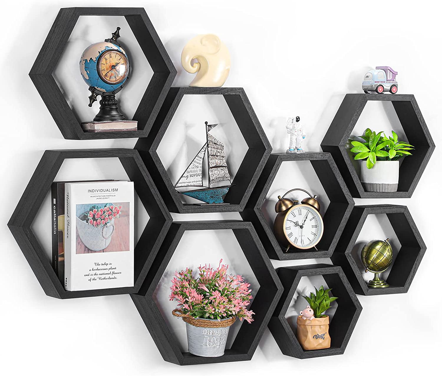 Hexagonal Floating Shelves Set of 6 Hexagon Sheves Wall Mount Wood ...