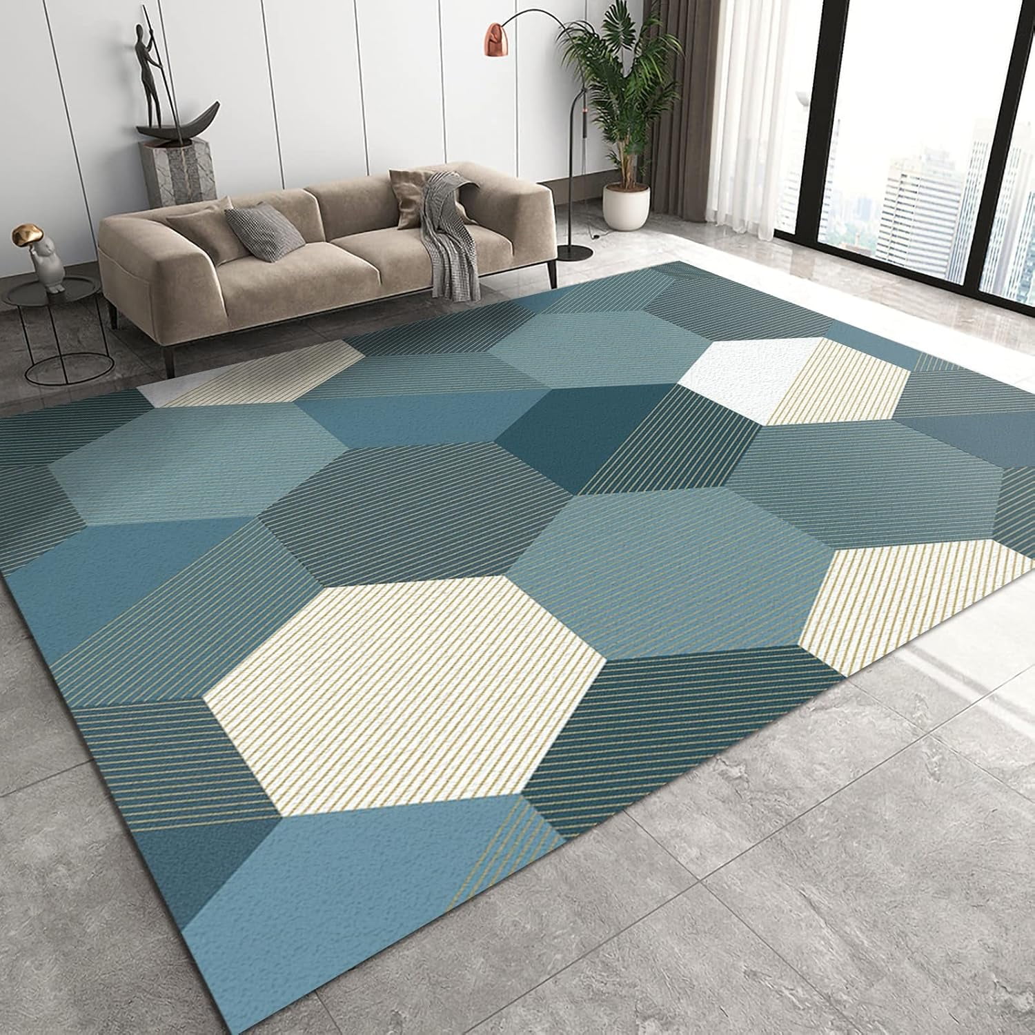 Hexagonal Geometric Pattern Rug, Golden Line Apartment Carpet, Porch ...