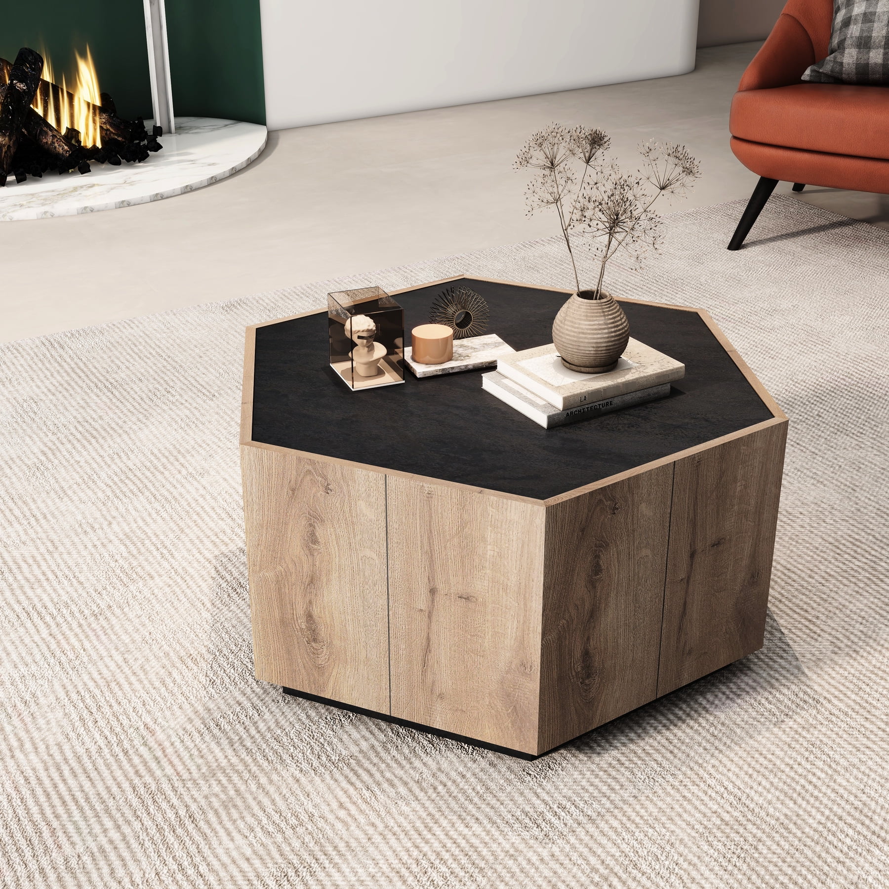 Hexagonal Warm Oak Coffee Table - 2 Drawers, & Stable Build Form, Water- - Walmart.com