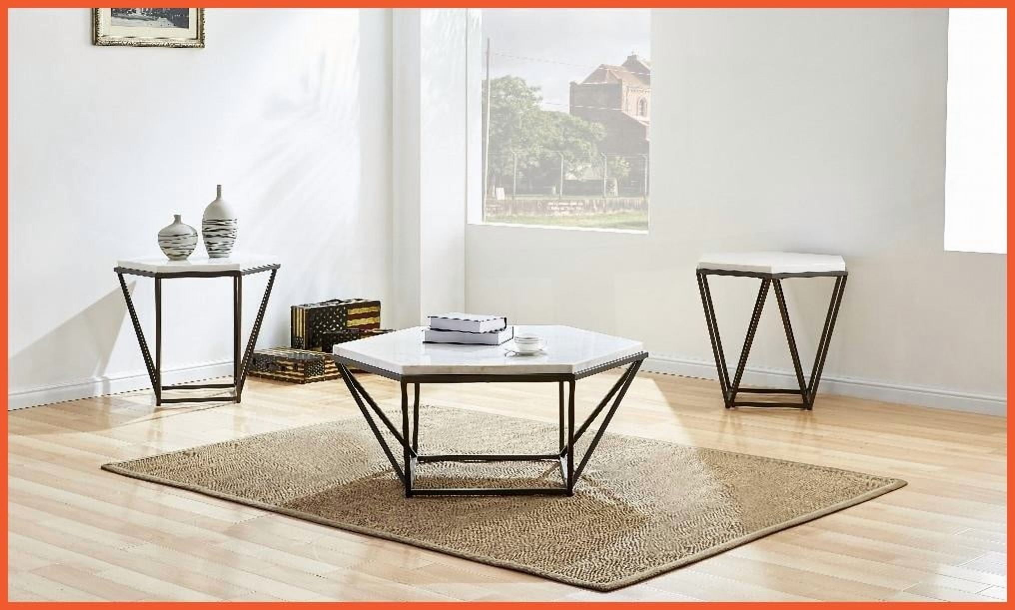 Hexagonal White Marble Coffee Table Set with Suspended Coffee Iron Base ...
