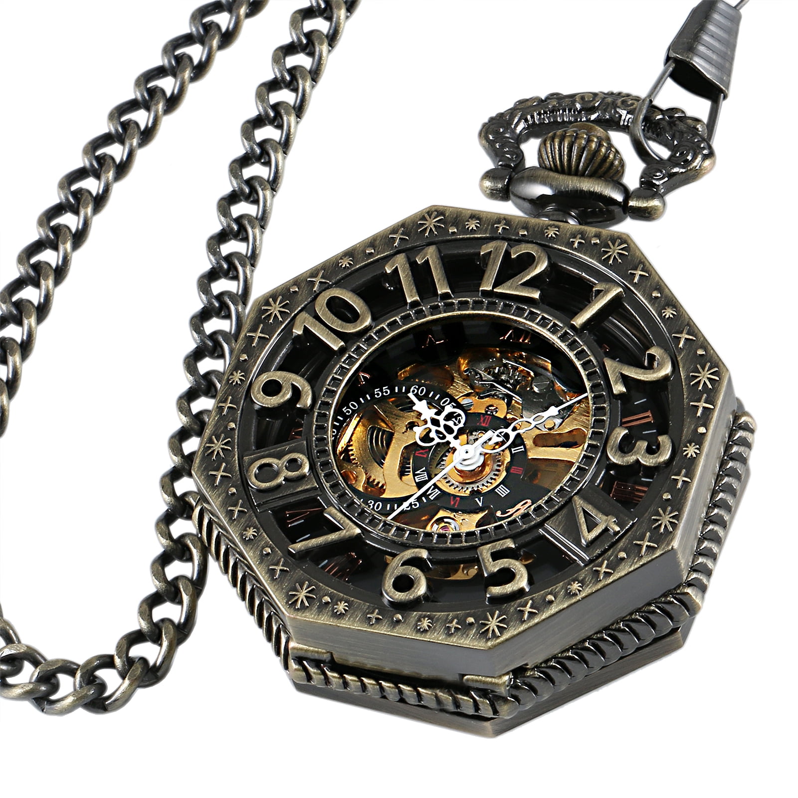 Hexagonal Windup Mechanical Pocket Watch Golden Movement Black Face ...