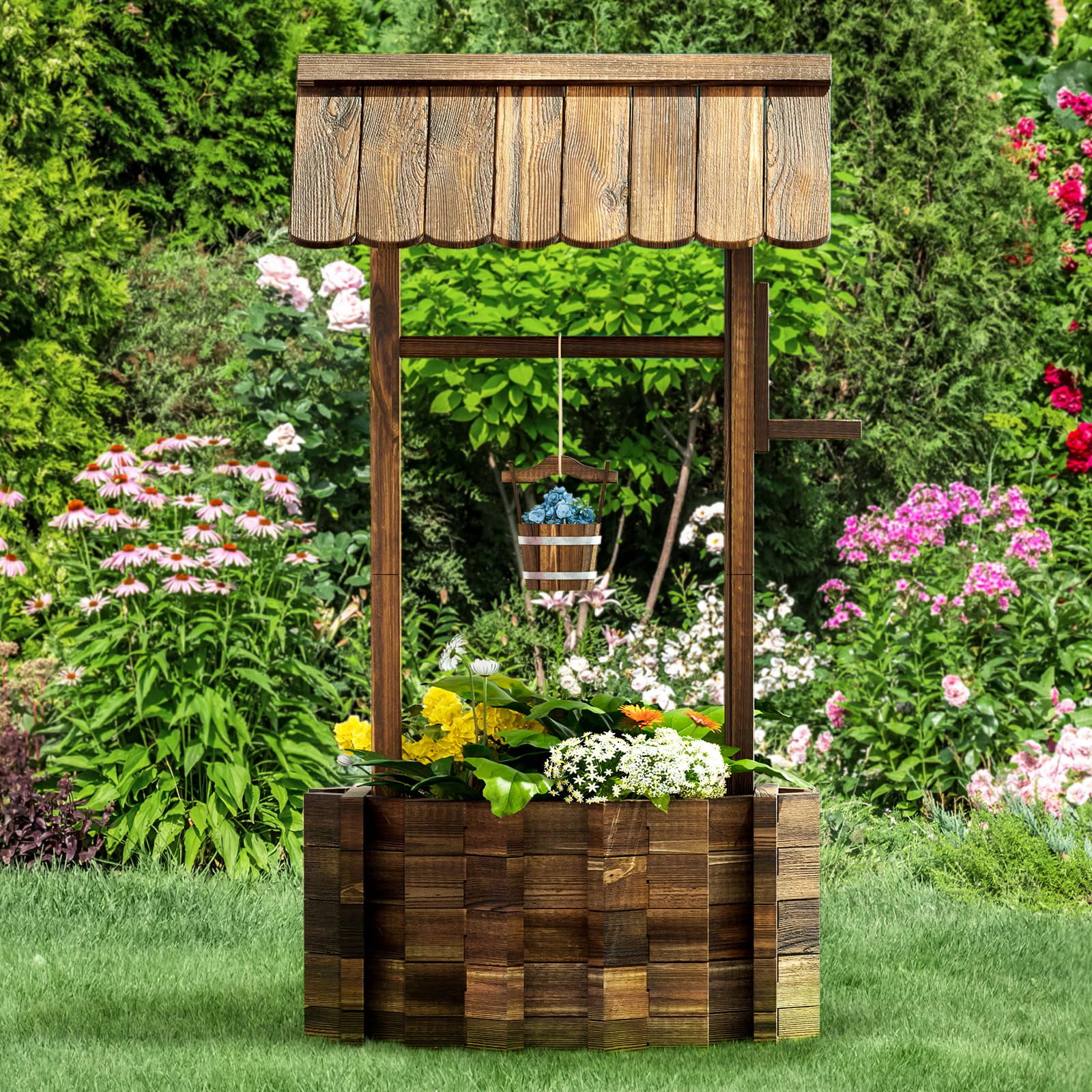 Hexagonal Wishing Well Planter with Hanging Bucket, Fir Wood Flower Pot ...