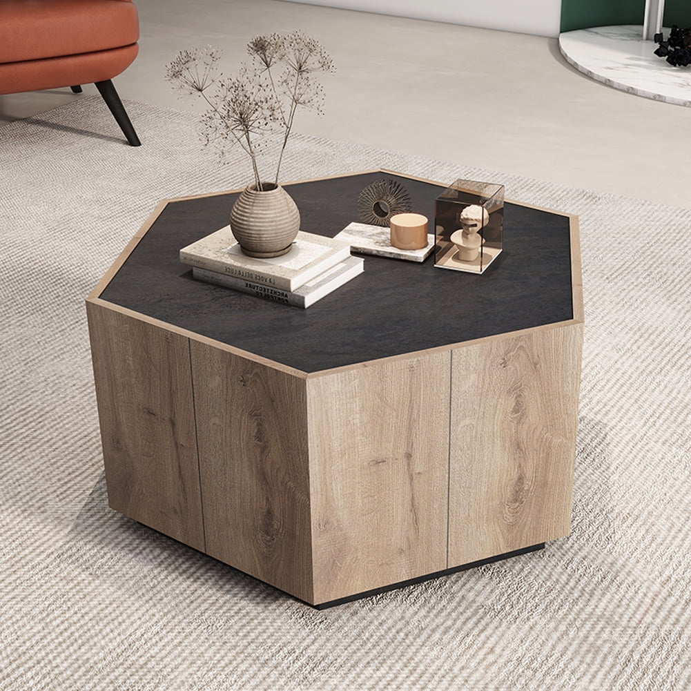 Hexagonal Wood Coffee Table with 2 Drawers,Retro Textured Black Warm ...