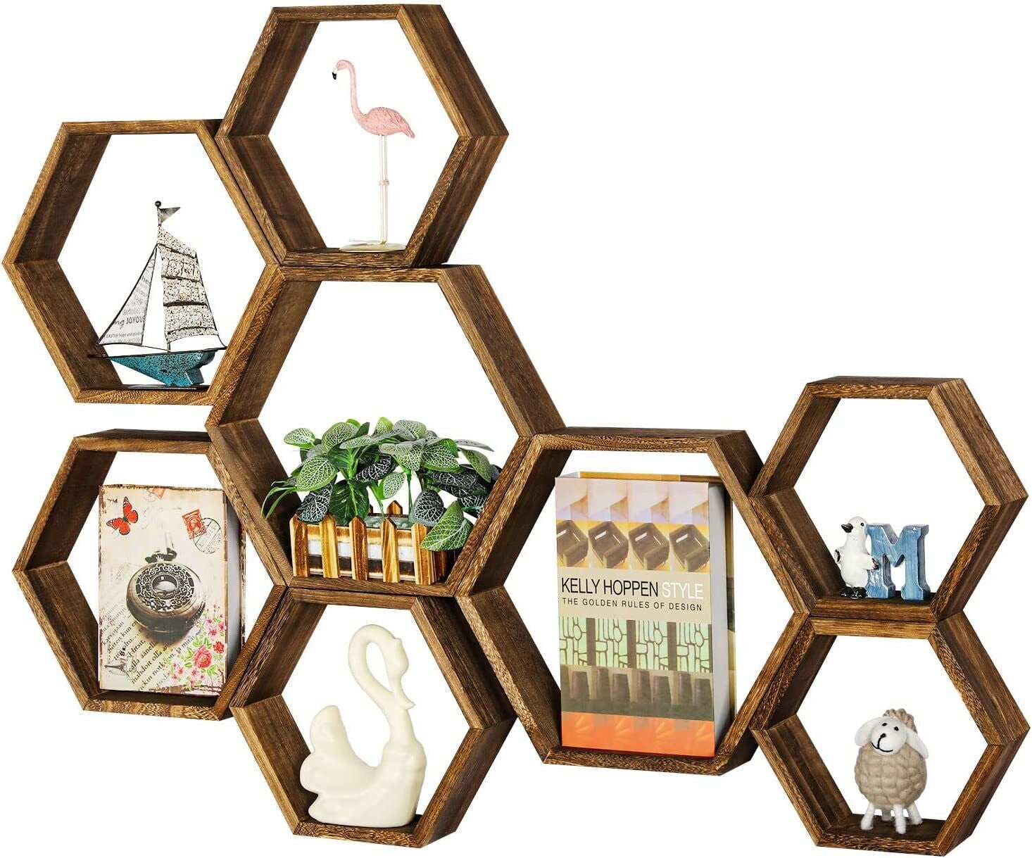 Hexagonal Floating Wood Shelves - Wall Hanging Honeycomb Storage Ledges ...