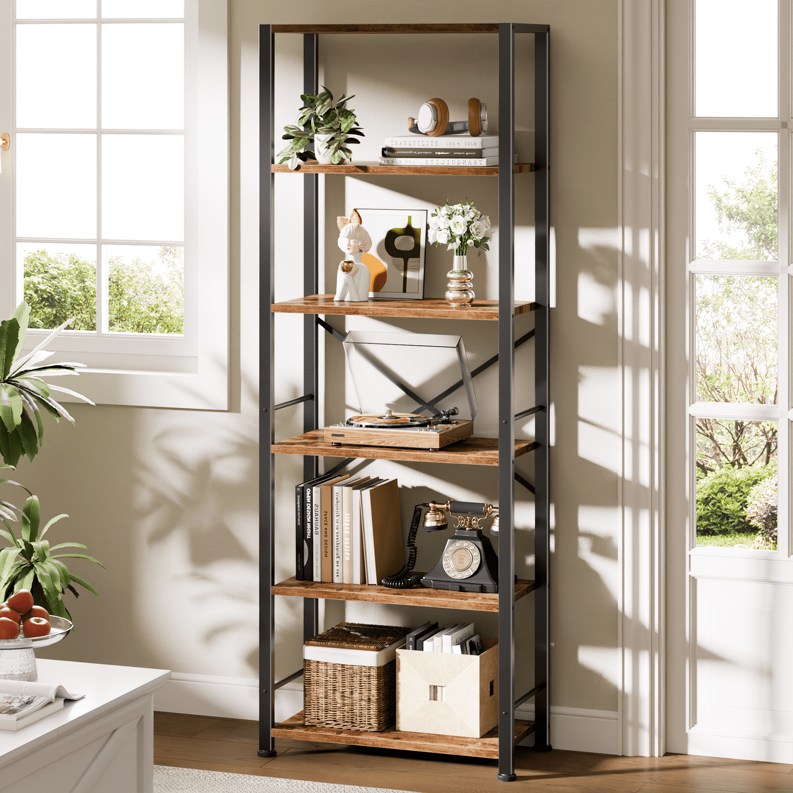Hexmn 6 Tier Sturdy Wood & Metal Frame Bookshelf, Large Capacity Space ...