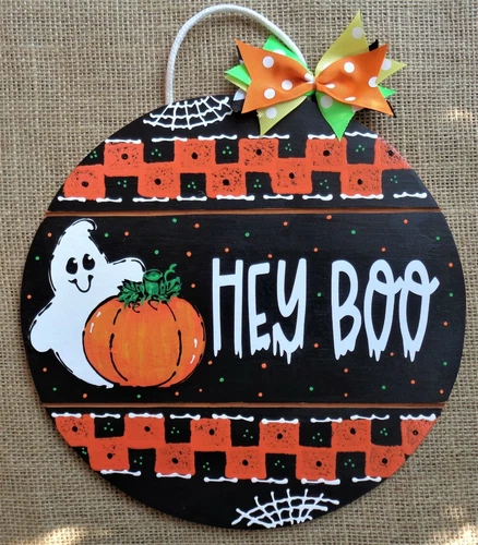 Hey Boo Circle Sign Wall Door Hanger Plaque Wood Family Halloween Ghost ...