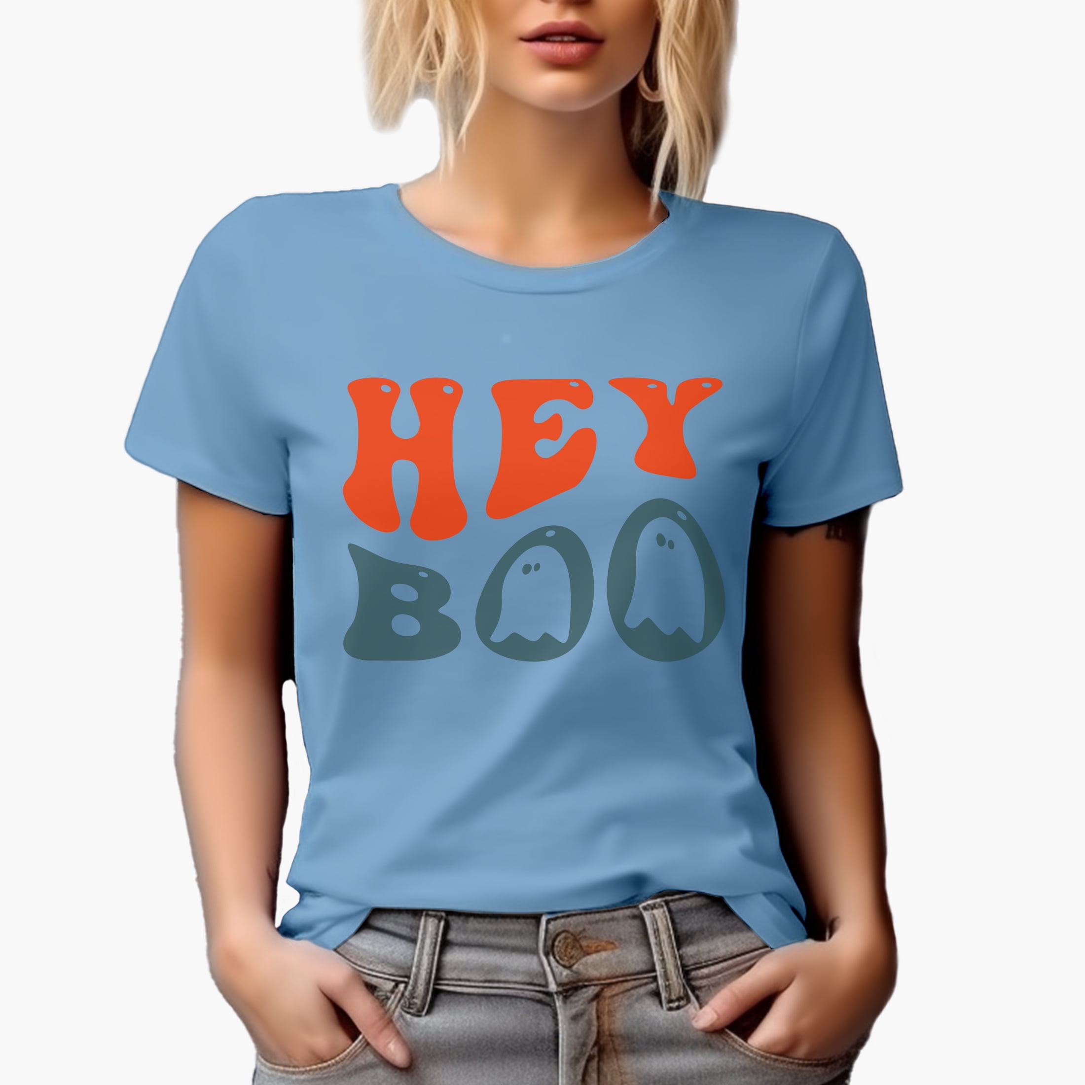 Hey Boo, Pun, Groovy Retro Wavy Text Merch Gift, Baby Blue T-Shirt ...