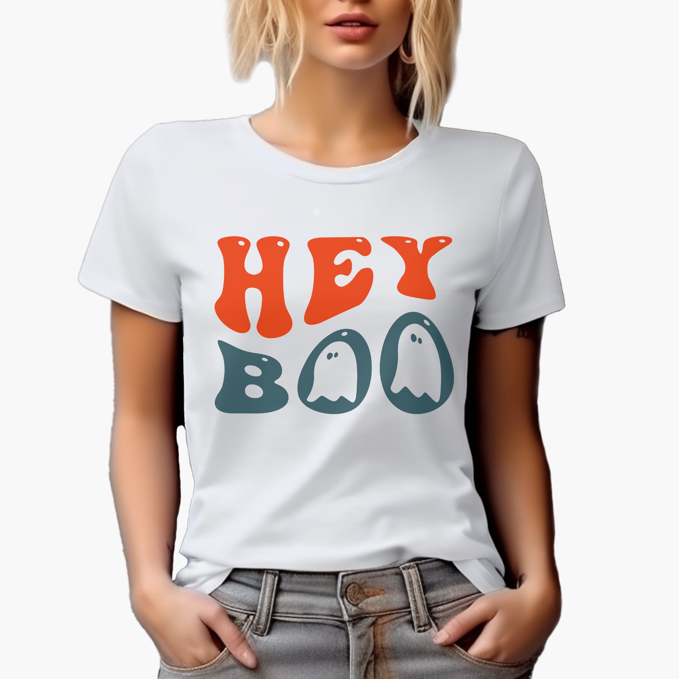 Hey Boo, Pun, Groovy Retro Wavy Text Merch Gift, White T-Shirt, XL ...